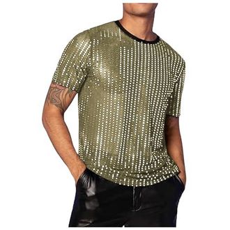 Generic Tee Shirt Paillette Hommes Grandes Tailles, Top Sequin Sexy-Haut Soir&eacute;e Moulant Manches Courtes Tuniques Maille Serr&eacute;e &agrave; Col Rond Chemise Chic Brillan