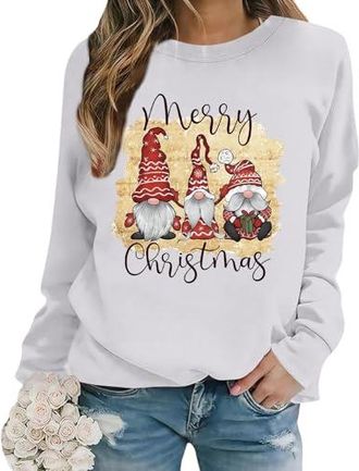Generic Chandail de No&euml;l pour femme - Chandail &agrave; col rond et manches longues - Sweat-shirt nain mignon pour voyage, quotidien, streetwear, blanc, 3XL