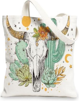 Generic Sacs fourre-tout en toile motif tête de mort, motif cactus floral, sacs dépicerie réutilisables, sacs de courses bohèmes chics, légers et lavables pou
