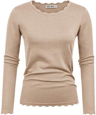 Grace Karin Pull à manches longues pour femme - Décontracté - Tricoté - Col rond - Dentelle - Tenue décontractée - Automne et hiver, Abricot, S