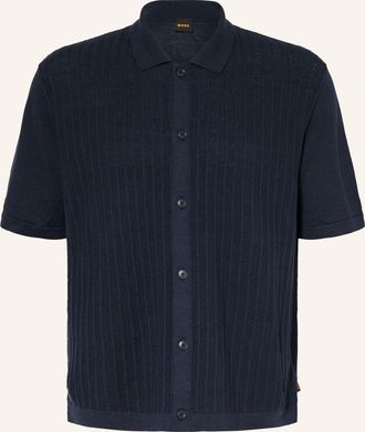 HUGO BOSS Strickhemd Amicino Comfort Fit Mit Leinen blau