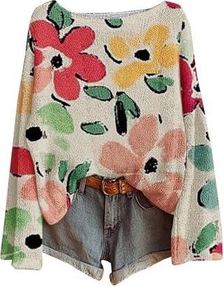 Generic Uwdiohq Pull Décontracté À Imprimé Artistique pour Femme Tricoté Manches Longues Et Col du Cou, Tendance, Chaud, Hiver Combinaisons Habillées Petites 