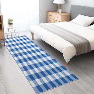 Generic Tapis de Passage Simple Damier Blocs de Couleurs 65 x 240 cm Antid&eacute;rapant et Lavable Interieur Rug, Bleu Tapis de Couloir pour Entree Couloir Salon Ch
