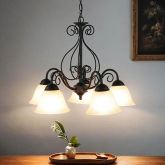 Licht-Erlebnisse Esstisch Pendelleuchte, K&uuml;chenlampe, Schwarz, Wei&szlig;, Landhaus, Rustikal, Glas, Metall, &Oslash;52 cm, E14, 5-flammig, Wohnzimmer H&auml;ngelampe, Esszimmerlampe
