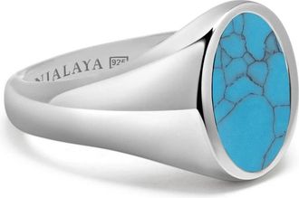 Nialaya Homme, Accessoires, Gris, Taille: 60 MM Mens Sterling Silver Oval Signet Ring with Turquoise