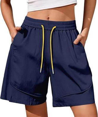 Generic Short de sport pour femme avec cordon de serrage et taille élastique - Bermuda décontracté et ample - Jambe droite - Couleur unie - Pantalon de joggin