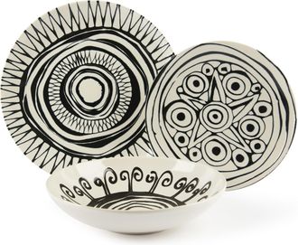 Excelsa Tribal Tafelservice 12-teilig, Keramik, Set f&uuml;r 4 Personen, wei&szlig; mit schwarzem Reliefdekor