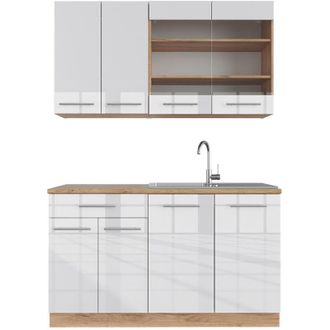 Vicco Singlek&uuml;che Fame-Line, Wei&szlig; Hochglanz/Goldkraft Eiche, 140 cm ohne Arbeitsplatte