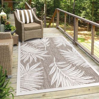 Carpet City Outdoor-Teppich Wetterfest Balkon Terrassen - Beige in 200x200 cm Quadratisch - Deko Teppiche Au&szlig;en Wasserfest - Balkondekoration Florale-Optik Wohnzi