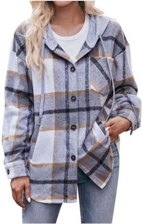 Generic Vestes pour femmes 2026 Veste &agrave; capuche en laine douce d&eacute;contract&eacute;e coupe ample &agrave; carreaux avec cordon de serrage pour lautomne boutonn&eacute; chemises &agrave; ma