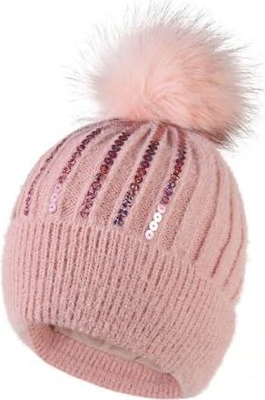 Generic Beanie Bonnet dhiver chaud en tricot avec paillettes et pompon en fourrure synth&eacute;tique pour femme Accessoire tendance pour les jours froids, 01-rose c