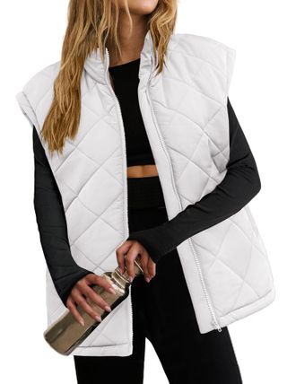 Zeagoo Weste Damen Kurz &Auml;rmellos Steppweste Herbst Leicht Vest Gilet Warme Winter Jacke Stehkragen Westen mit Rei&szlig;verschl&uuml;sse Wei&szlig; M