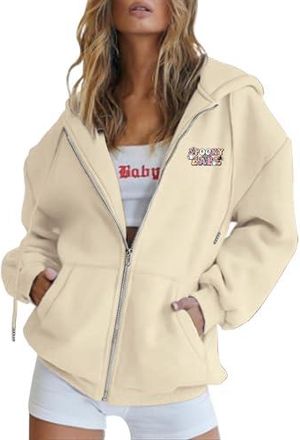 Generic Veste polaire pour femme - Haut en peluche confortable avec fermeture éclair pour femme - Graphique décontracté - Sweat surdimensionné à manches longu