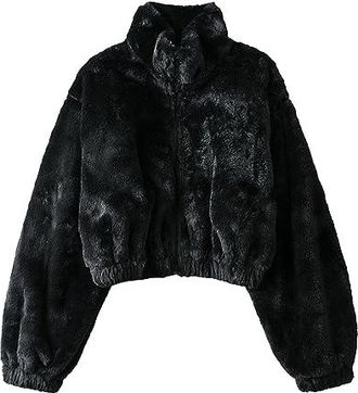 Generic Vestes dautomne et dhiver pour femme, couleur unie, courte, ample, fermeture &eacute;clair, cardigan, Noir, S