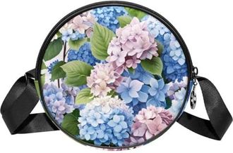 Generic Sac &agrave; bandouli&egrave;re rond pour femme, motif fleur dhortensia, petit sac &agrave; bandouli&egrave;re avec fermeture &eacute;clair, bretelles r&eacute;glables, sac &agrave; main rond d&eacute;contr