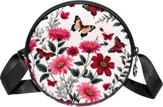 Generic Sac &agrave; bandouli&egrave;re rond pour femme, motif floral, papillons, petit sac &agrave; bandouli&egrave;re avec fermeture &eacute;clair, bretelles r&eacute;glables, sac &agrave; main rond d&eacute;cont