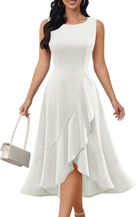 Dresstells Cocktaikleid Damen Festliche Kleider f&uuml;r Hochzeit Vintage Curvy Partykleid Hoch-Tief Abendkleid Kurz Sommer Elegant Knielang Etuikleid White XL