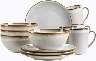 M&auml;ser M&auml;ser Serie Smokys Geschirr-Set f&uuml;r 4 Personen, 12 teiliges Fr&uuml;hst&uuml;ckset im Scandi Look, Steinzeug, wei&szlig;