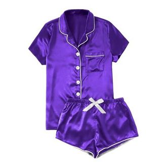 Generic Ensemble pyjama d&eacute;contract&eacute; en satin de soie unie &agrave; manches courtes pour femme avec haut boutonn&eacute; et short 2026, violet, XXS