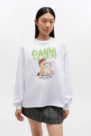 Ganni Haut &agrave; manches longues en coton blanc motif graphique biologique - Taille XS - Pour Femme