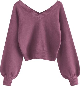Zaful Damen Sweater, langärmelige doppeltem V-Ausschnitt Laterne Ärmel Kurzer Pullover Sweater (Lilarot L)