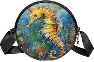 Generic Petit sac &agrave; bandouli&egrave;re rond pour femme, motif hippocampe, sac &agrave; dos &agrave; bandouli&egrave;re r&eacute;glable avec fermeture &eacute;clair, sac &agrave; main rond d&eacute;contract&eacute; pour fe