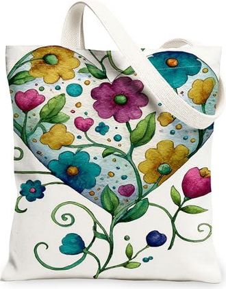 Generic Sacs fourre-tout en toile motif floral en forme de coeur, sacs d&eacute;picerie r&eacute;utilisables, art vintage printanier, l&eacute;ger, lavable, multicolore, 13x15 Inc