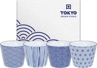 Tokyo Design Studio Nippon 4-teiliges Tassen-Set im Yunomi-Stil, Porzellan, Teetassen im Set, dekorative Geschenk-Box, mikrowellen- und spülmaschinenfest, je 170 ml, blau
