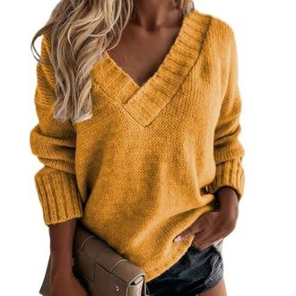 Generic Pull dhiver d&eacute;contract&eacute; &agrave; manches longues et col en V pour femme, jaune, XXL
