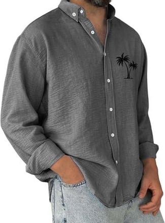 Generic Chemise pour homme en coton et lin &agrave; manches longues - Chemise hawa&iuml;enne boutonn&eacute;e - Motif palmier en noix de coco - Chemisier &agrave; col, gris fonc&eacute;, XL