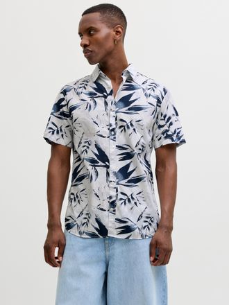 Jack & Jones Kurzarmhemd JACK & JONES JJHONOLULU AOP SHIRT SS, Herren, Gr. M, N-Gr, cloud dancer, Web, Obermaterial: 100% Baumwolle, gemustert, regular fit, Hemden