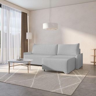 E-MEUBLES Ecksofa rocky Cord l Form mit Schlaffunktion und Bettkasten (Hellgrau Poso 55, Rechts)