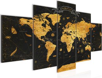 Runa Art Bild Wohnzimmer Schlafzimmer B&uuml;ro Abstrakt 5 Teilig Schwarz Gold Weltkarte gold Wandbilder auf Vlies Leinwand 056453a