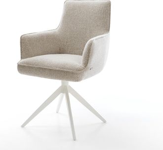 DELIFE Drehstuhl Heira-Flex mit Armlehnen Webstoff Soft Beige Kreuzgestell breit Wei&szlig; 360&deg; drehbar Wippfunktion Taschenfederkern, Esszimmerst&uuml;hle