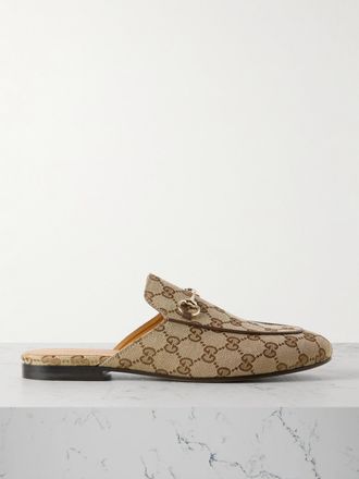 Gucci Princetown Slippers Aus Canvas Mit Jacquard-muster, Lederbesätzen Und Horsebit-detail - Neutral