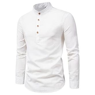 Generic D&eacute;bardeur de fitness pour homme avec col montant, couleur unie, coton et lin, manches longues, Blanc., XXL