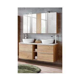 AC-D&eacute;co Ensemble meuble vasques &agrave; poser + Armoire miroir - 140 cm - Elise Oak - Livraison gratuite
