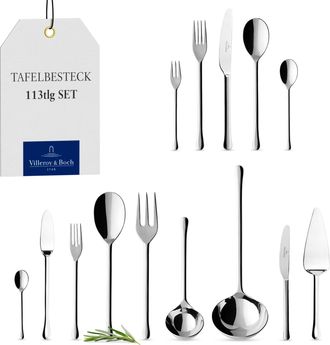 Villeroy & Boch Udine Besteckset 113-teilig Silber, Spülmaschinenfest, Besteck Set für 12 Personen, Besteckset Platin, Besteck, Edelstahl