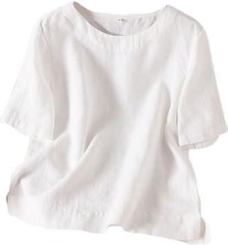 Generic T-shirt Femme Temp&eacute;rament R&eacute;tro Litt&eacute;raire D&eacute;contract&eacute; Pull Lin Manches Courtes T-Shirt Top, Blanc., XXL