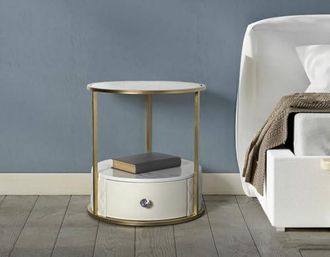 Dmora Chevet Araguaia, Commode Basse, Table de Nuit, Étagère de Chevet, 43x43 h48 cm, Blanc et Or