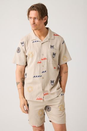 Knowledge Cotton Apparel Herren vegan Hemd Relaxed Stickerei Kurzarm Helles Federgrau