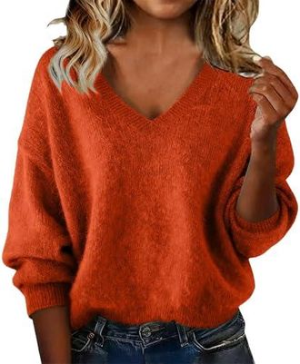 Generic Pull &agrave; col en V pour femme - Manches longues - Confortable - Doux - Uni - Pull d&eacute;contract&eacute;, Orange, 3XL