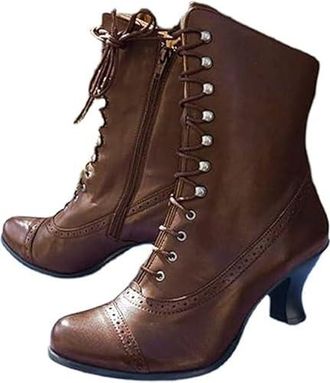 Generic Bottes de style victorien pour femme - Bottes gothiques - Bottes de cowboy marron - Bout rond - Bout carré - Mode occidentale - Talon latéral - Bottin