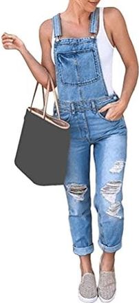 TOMWELL Salopette en Jeans Femme Déchirée Combinaison en Denim Bodysuit Overall Jumpsuit Grand Taille Salopette A Bleu M