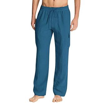 Generic Pantalon d&eacute;t&eacute; en lin pour homme - Pantalon en tissu avec poches - Pantalon de plage avec cordon de serrage - Jambes droites - Pantalon de jogging - Pa