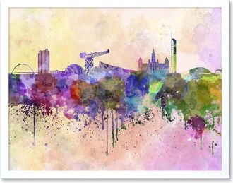 Wee Blue Coo Painting Illustration Cityscape Paint Splash Skyline Glasgow Art Print Framed Poster Wall Decor Kunstdruck Poster Wand-Dekor-12X16 Zoll