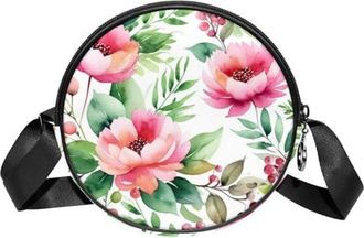 Generic Petit sac &agrave; bandouli&egrave;re circulaire pour femme, motif feuilles florales, sac &agrave; dos avec fermeture &eacute;clair, bretelles r&eacute;glables, sac &agrave; main rond d&eacute;contra