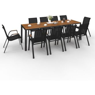 IDMarket Idmarket - Salon de jardin noumea table 240 cm plateau verre tremp&eacute; effet bois et 10 chaises empilables noir et bois