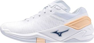 Mizuno Wave Stealth Neo WOS, Unisex-Schuhe f&uuml;r Erwachsene, Wei&szlig;, Marineblau, Pfingstrose, Pfirsich, Parfait, 36 EU