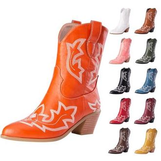 Generic Bottes de cowboy pour femme - Coupe large - &Agrave; enfiler - Confortables - Talon &eacute;pais - Style d&eacute;contract&eacute; et &eacute;l&eacute;gant - Style western brod&eacute; - Chaussures d